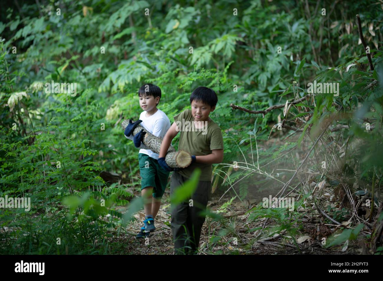 Children Carrying Log Stock Photo - Alamy