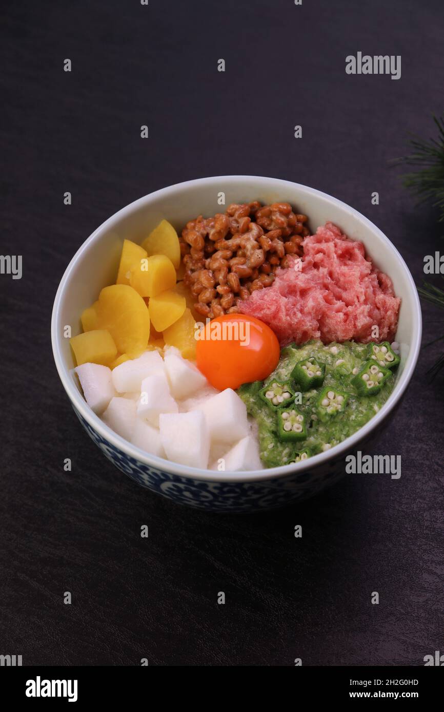 Bakudan don (Rice Bowl with Tuna, Natto, Okra and Egg), Japanese Food ...