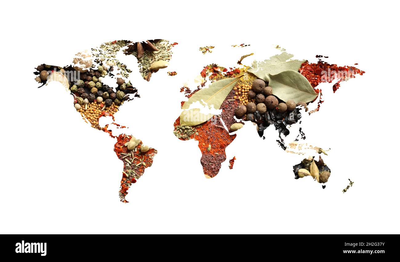 World map of different aromatic spices on white background. Creative ...
