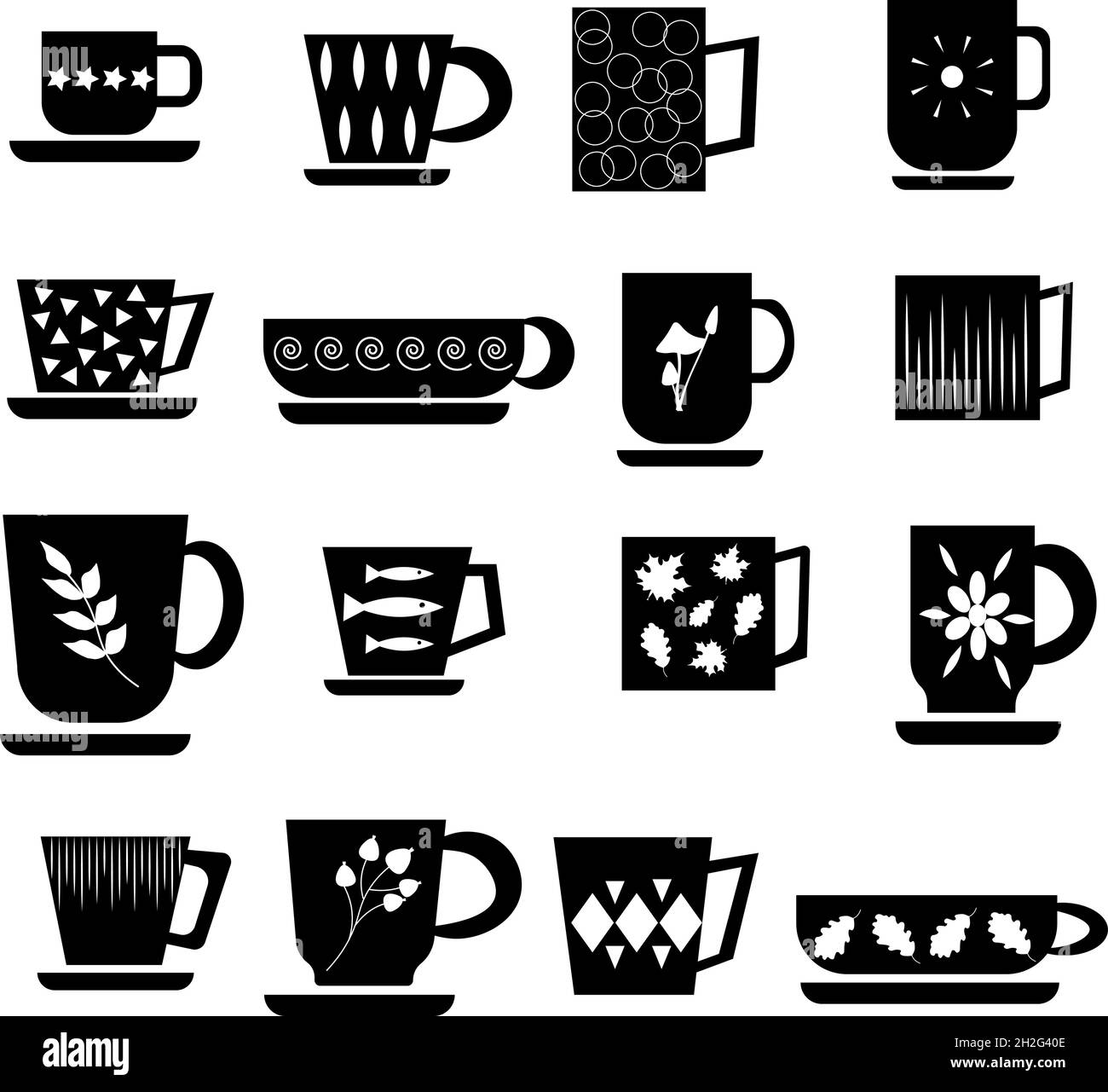 A set of black and white mugs with a simple pattern. Vector ...