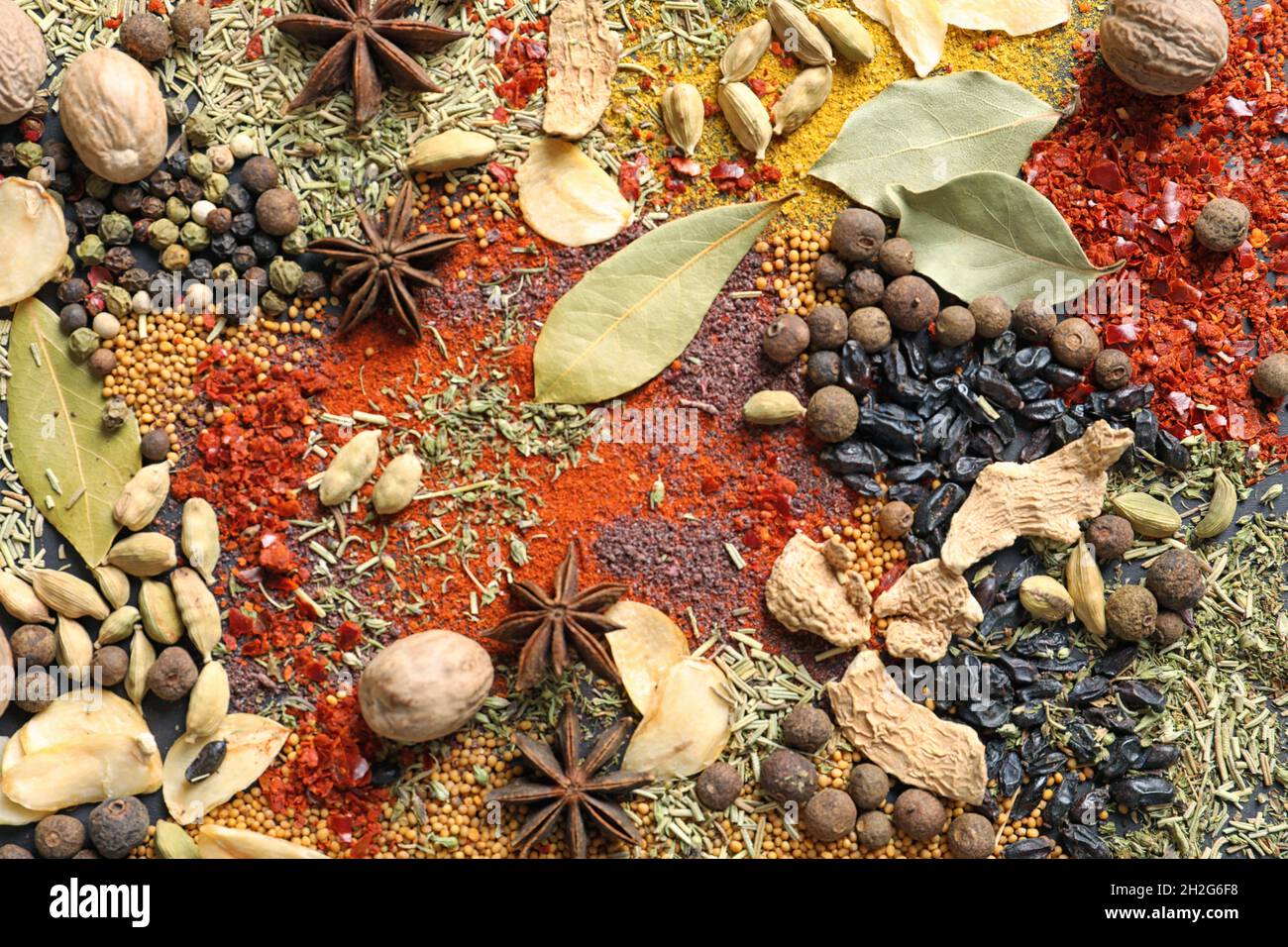 Different aromatic spices as background, top view Stock Photo - Alamy