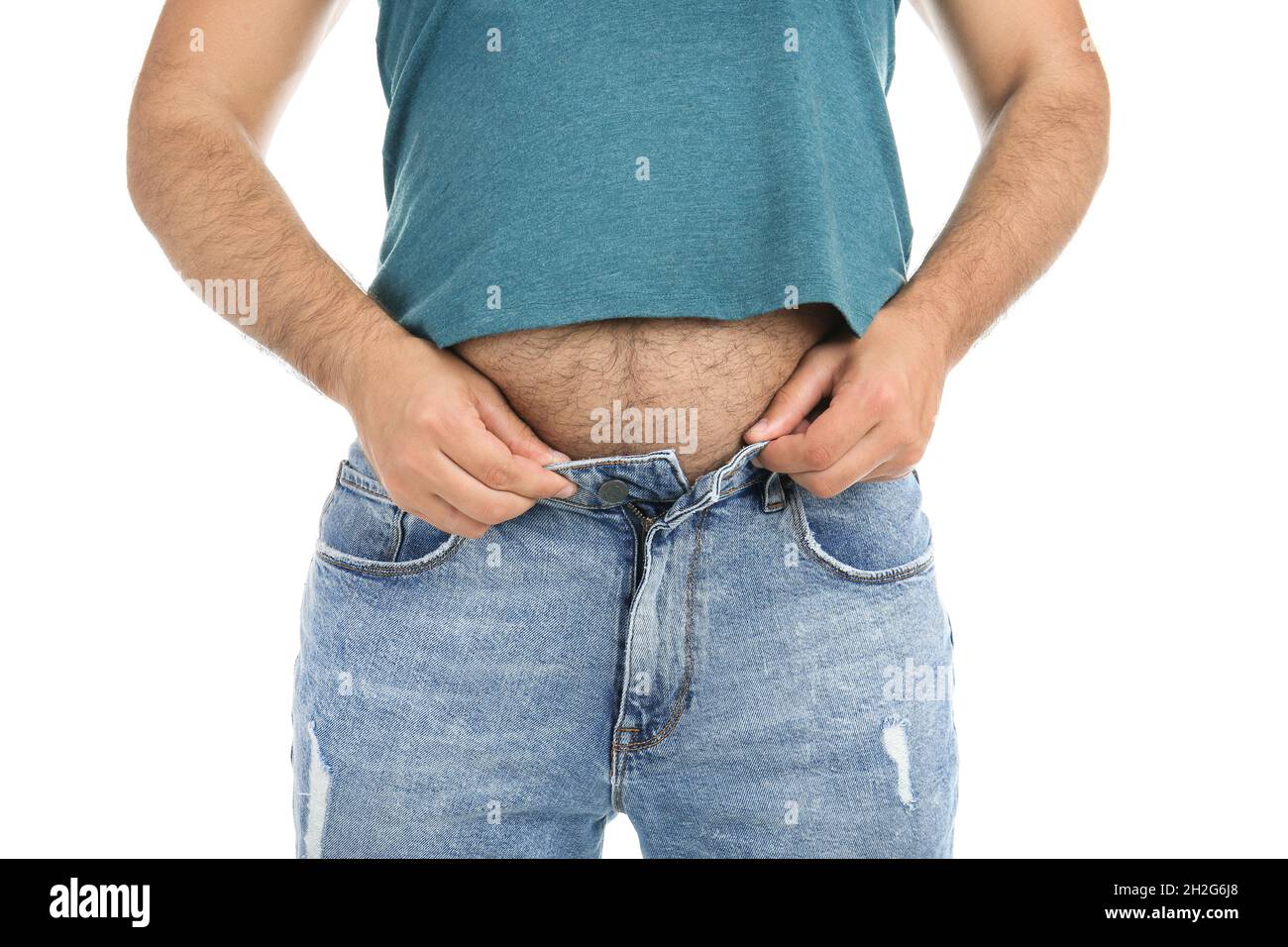 Overweight man in small pants on white background, closeup view Stock ...
