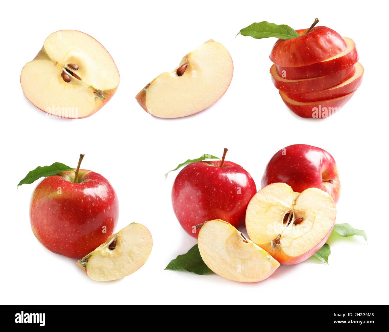 Set with delicious cut red apples on white background Stock Photo - Alamy