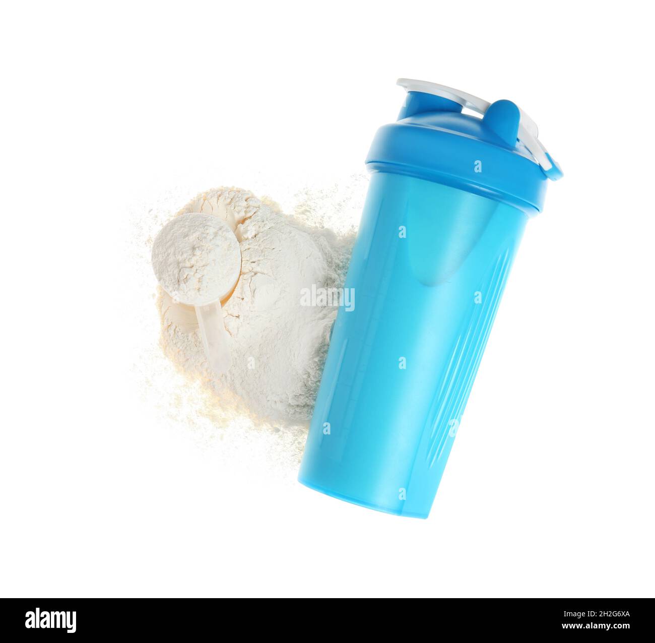 Protein shake in sport bottle and powder on white background, top view ...