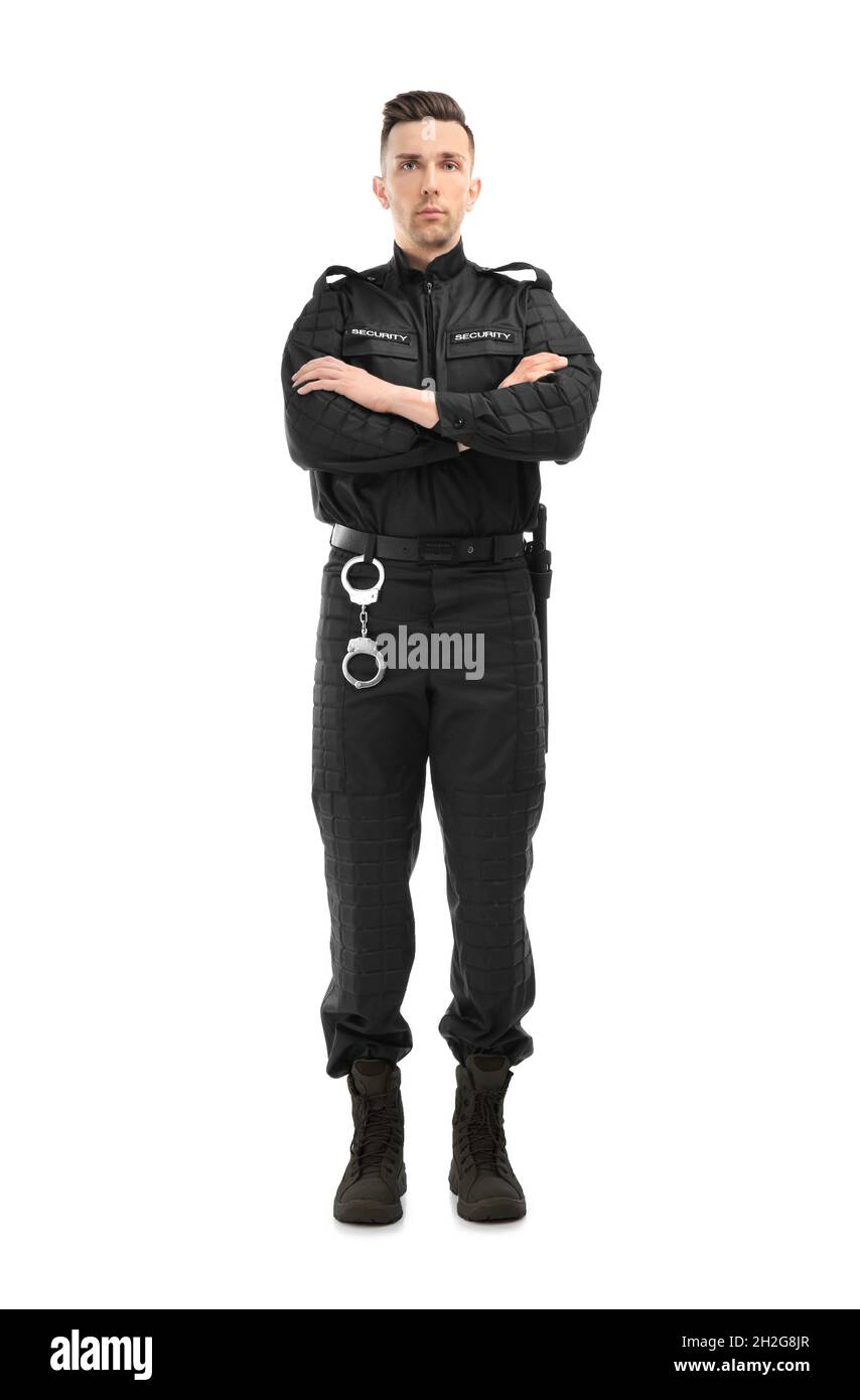 Male security guard in uniform on white background Stock Photo - Alamy