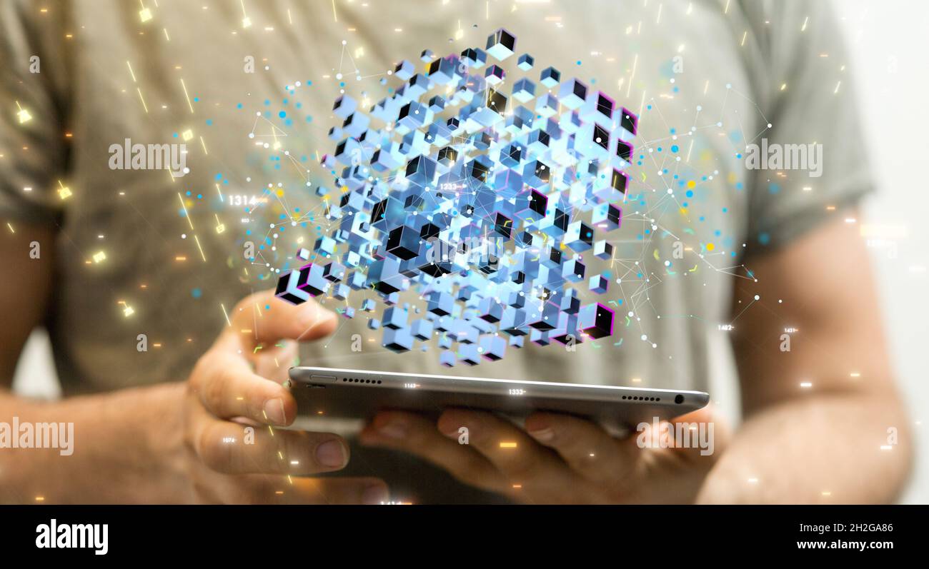 3d rendering of polygonal wireframe art looks like constellation floating over a mobile tablet ...