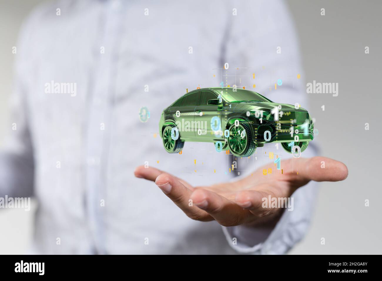 3d rendering of Electro car hologram floating on hand-Electromobility e ...