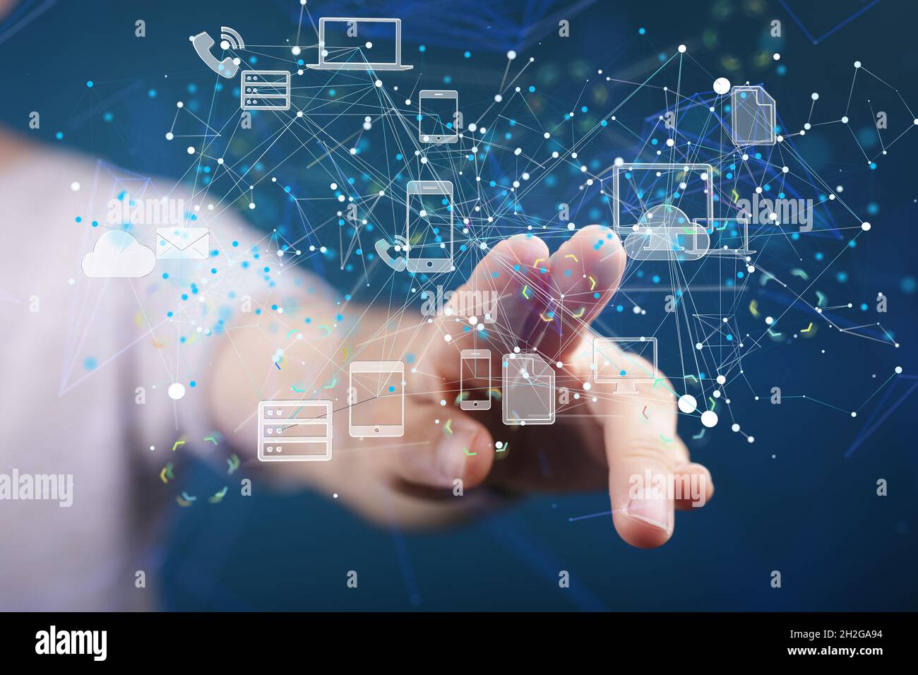 3D rendering of floating electronic devices with hand touching it from ...