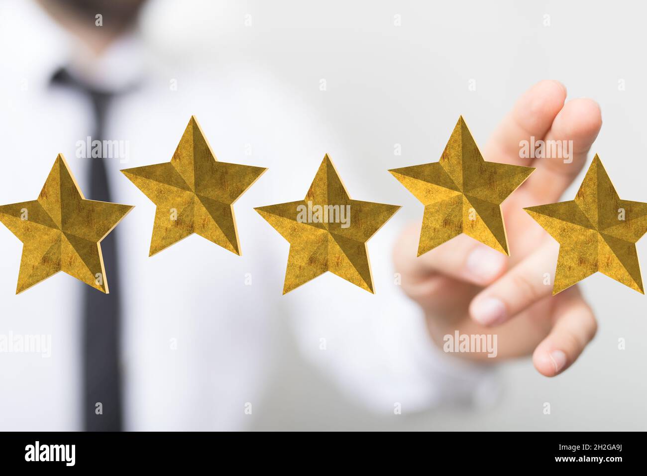 3D rendering of five stars with a hand tapping on it from the backgrou ...