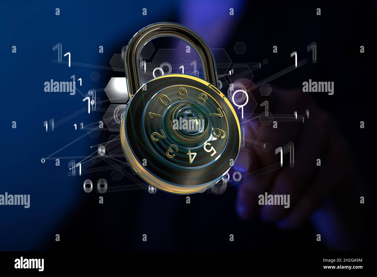 3D rendering of padlock with binary codes with hand touching it from ...