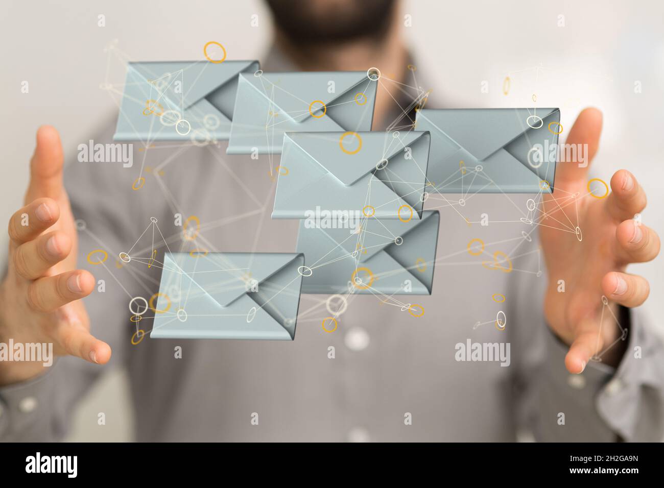 3D rendering of digital envelopes floating in between hands- online communication concept Stock ...