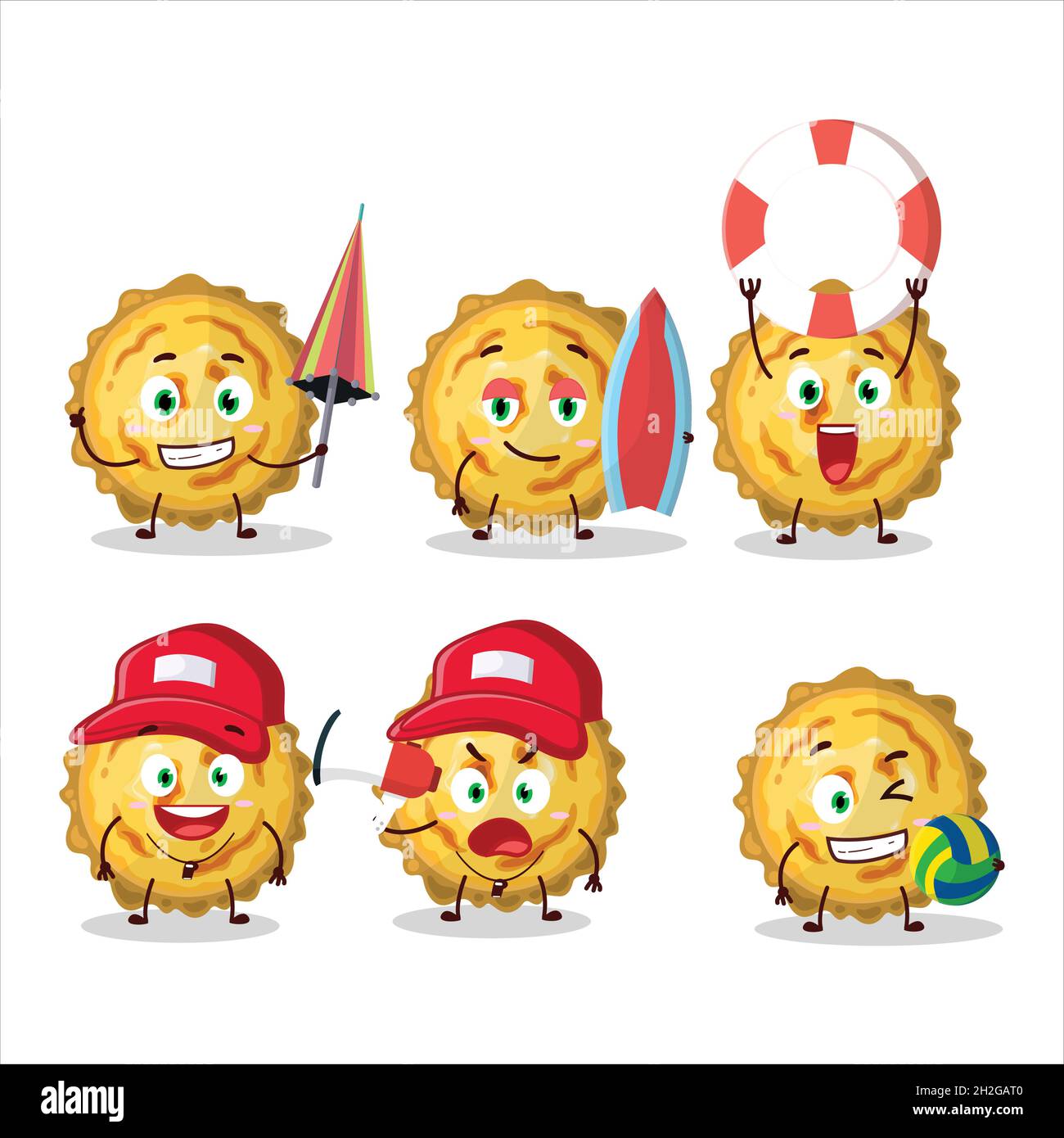 Happy Face custard tart cartoon character playing on a beach. Vector ...