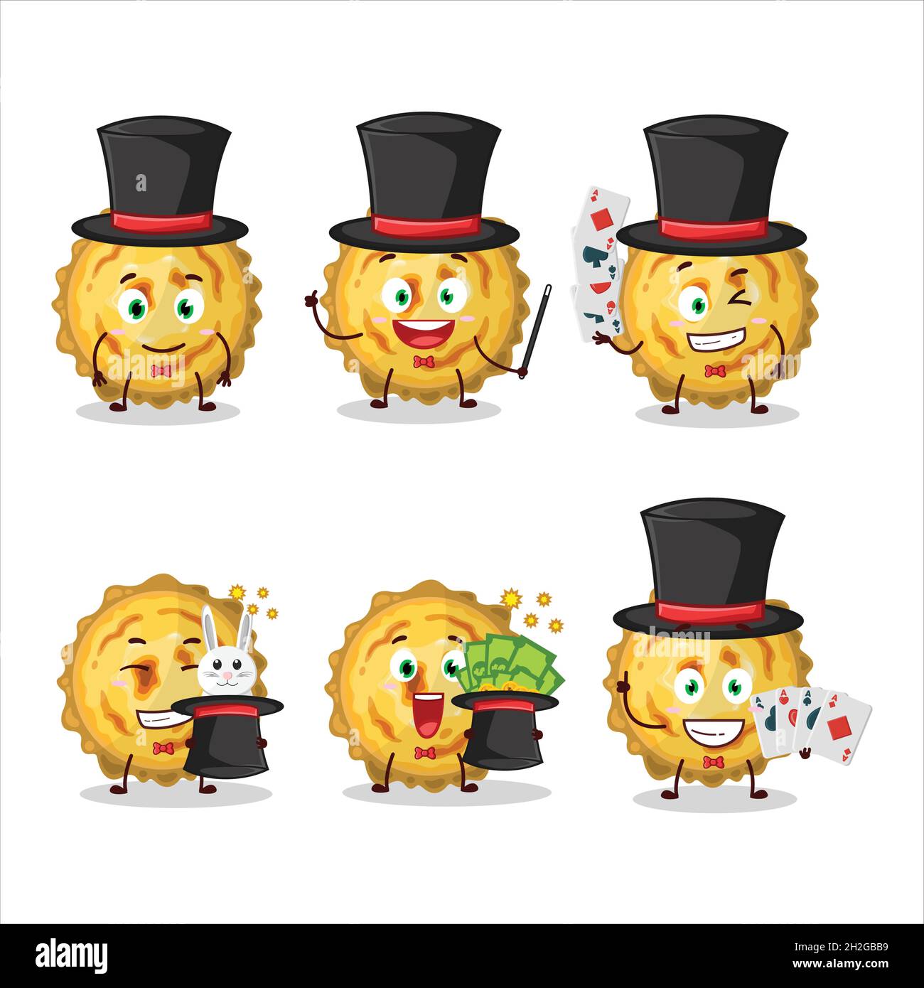 A custard tart Magician cartoon character perform on a stage. Vector ...