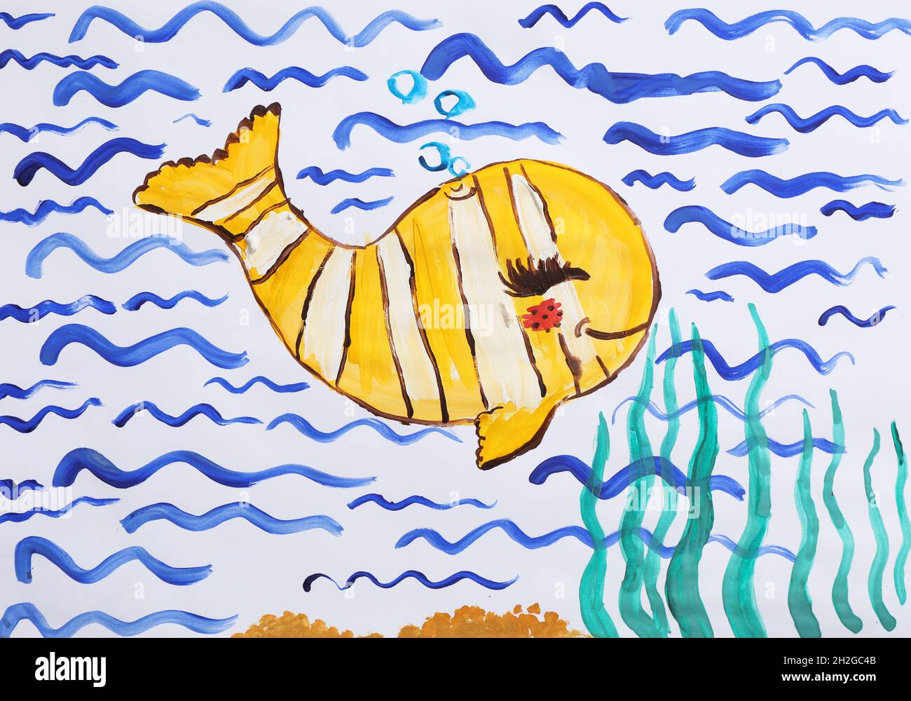 Colorful children painting of beautiful fish on white background Stock ...