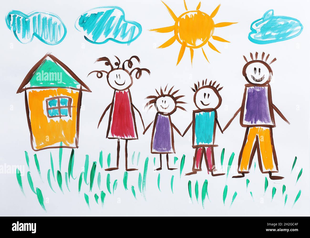 Colorful children painting of happy family on white background Stock ...
