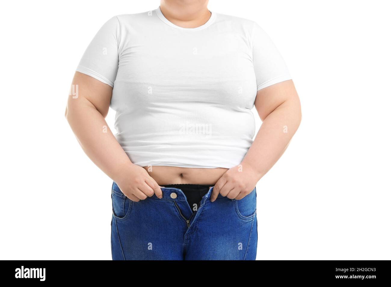Overweight woman on white background Stock Photo - Alamy