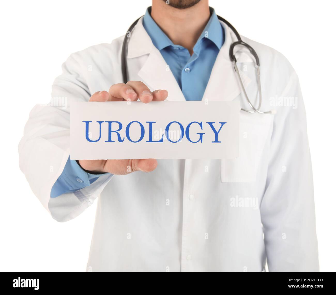 Male doctor holding paper with word UROLOGY on white background Stock ...