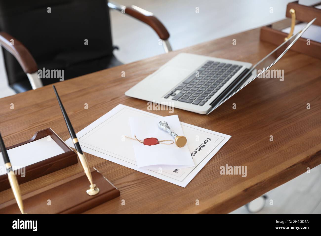 Vintage stamp, laptop and documents on desk in notary's office Stock ...