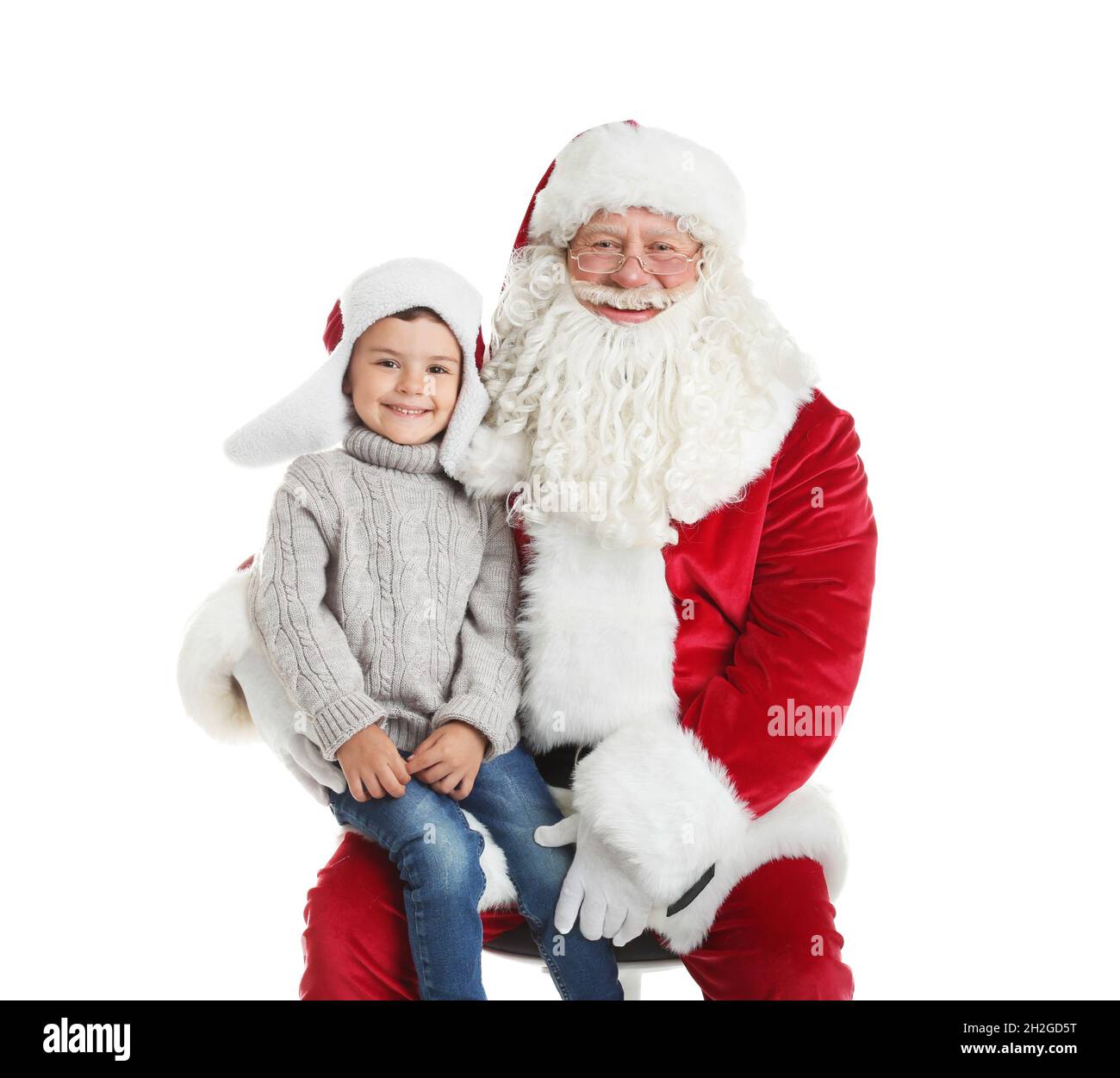 Little boy and authentic Santa Claus on white background Stock Photo ...
