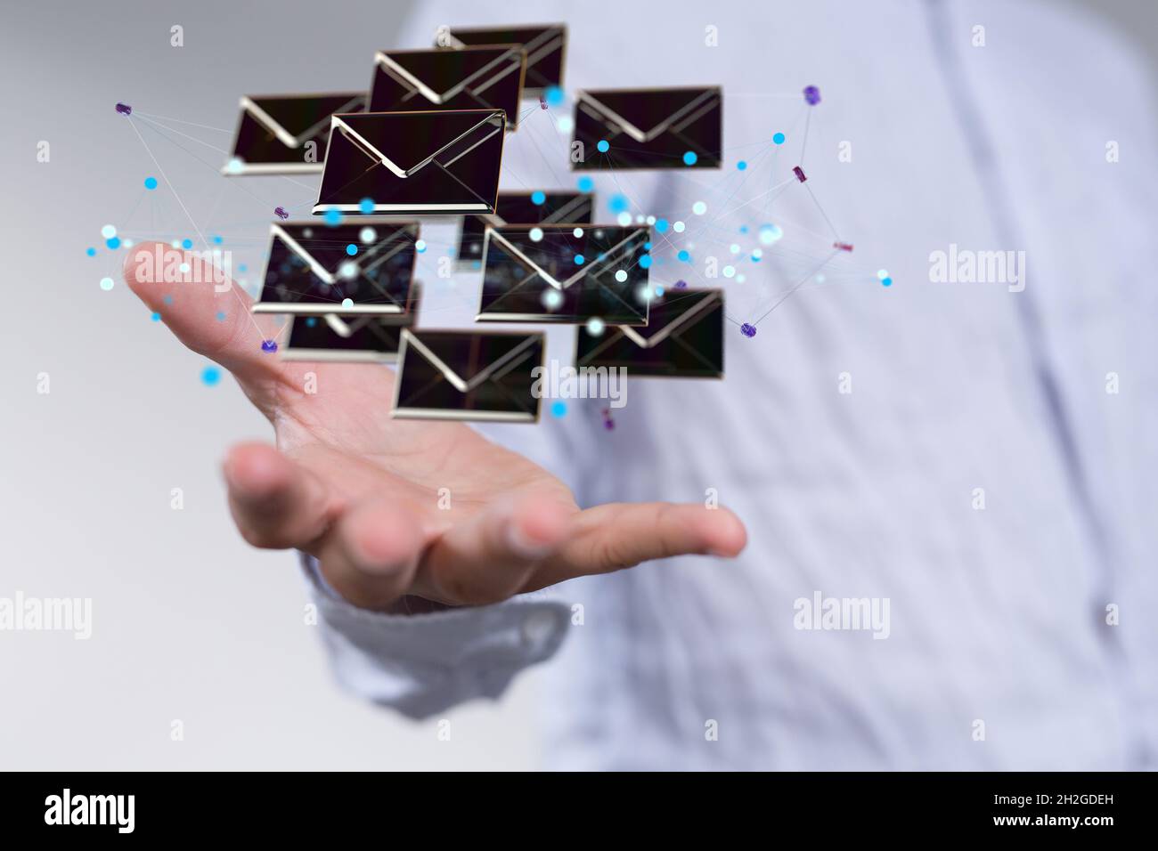 3D rendering of digital envelopes floating on hand- online ...