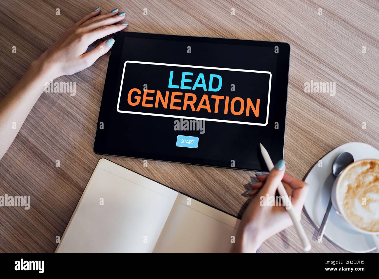 Lead generation start button on screen. Digital marketing and business ...