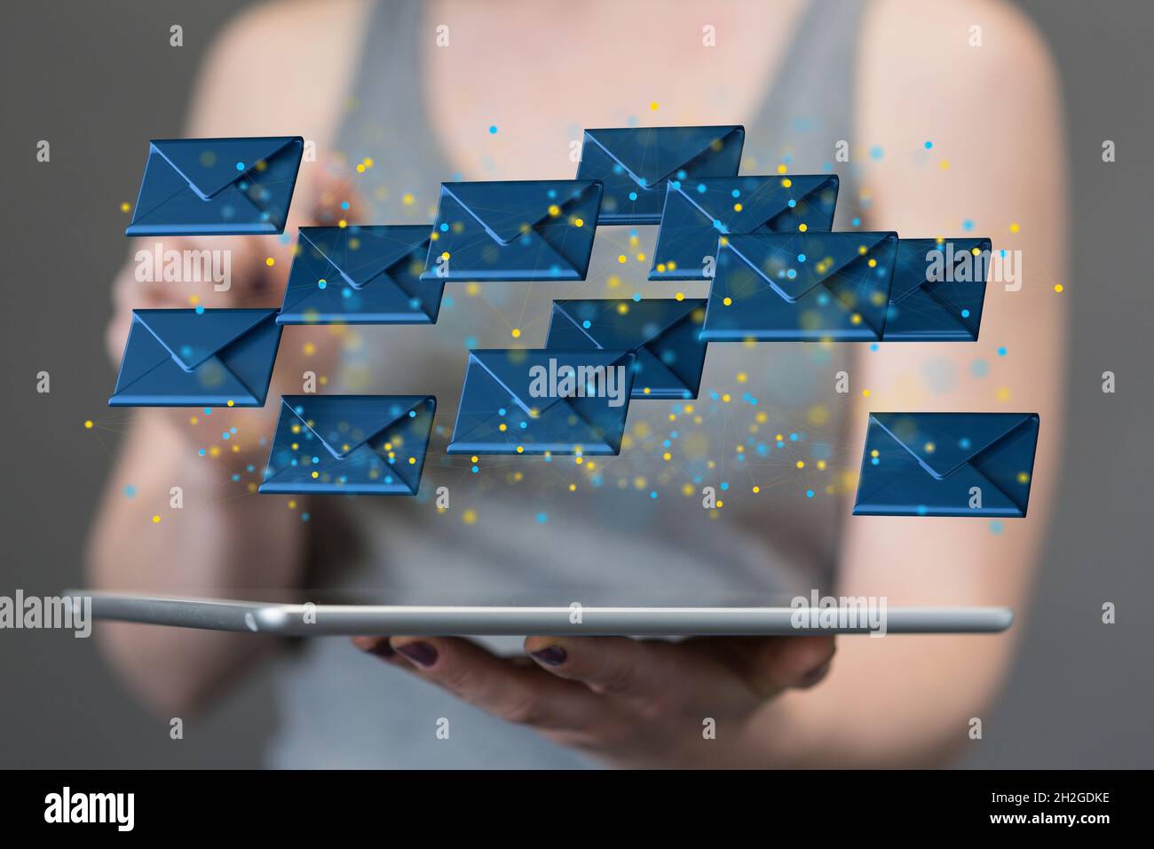 3D rendering of digital envelopes floating over a mobile tablet- online ...