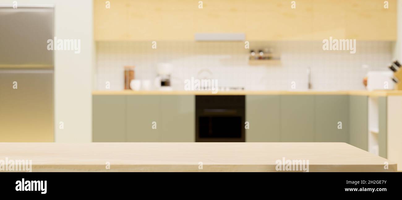 Modern light wooden kitchen counter island for montage over blurred ...