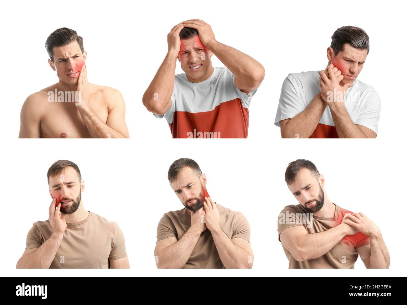 Set with young men suffering from pain in different parts of body on ...