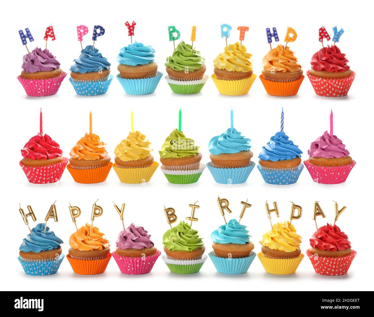 Set with birthday cupcakes and candles on white background Stock Photo ...