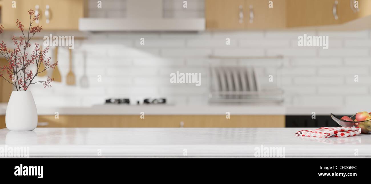 Close-up Kitchen island countertop for product display on blurred ...