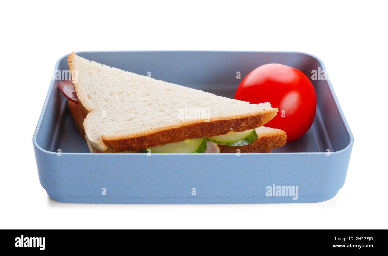 Lunch box with appetizing food on white background Stock Photo - Alamy