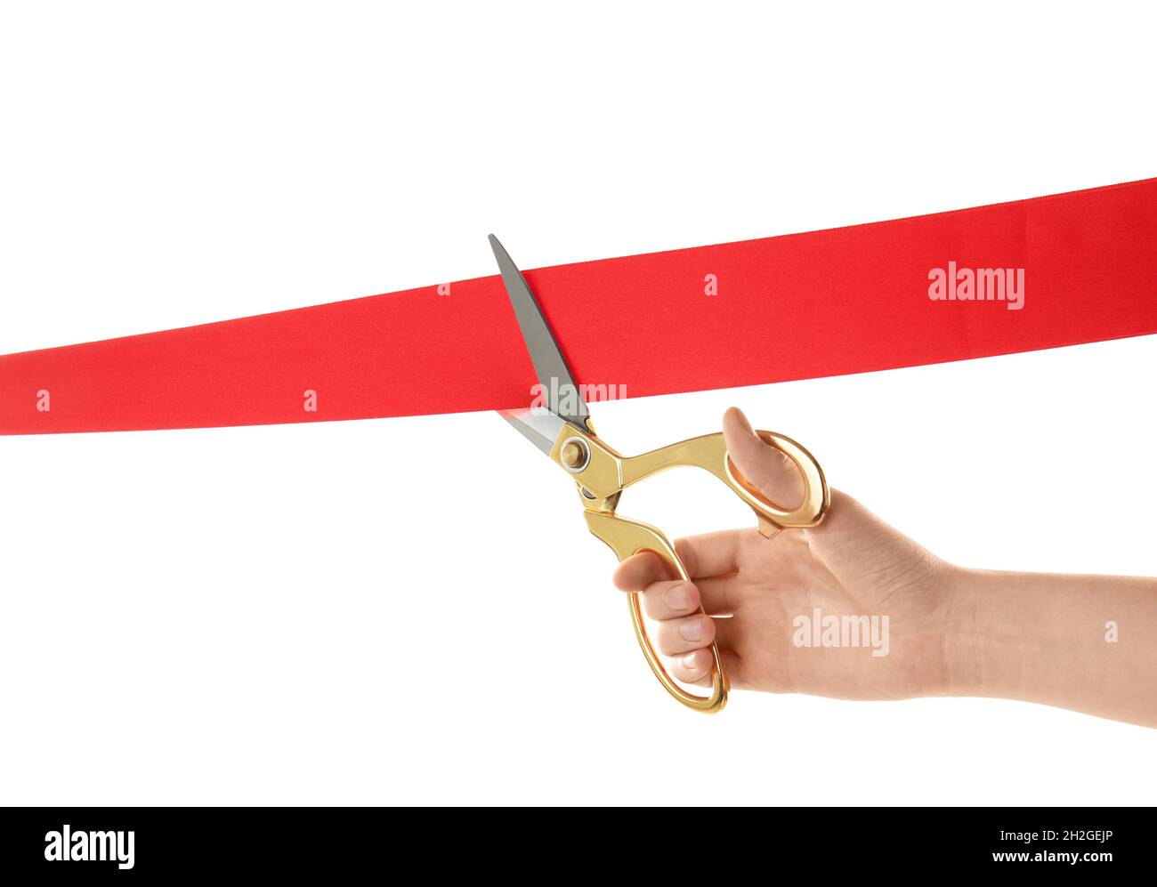 Woman cutting red ribbon on white background Stock Photo - Alamy