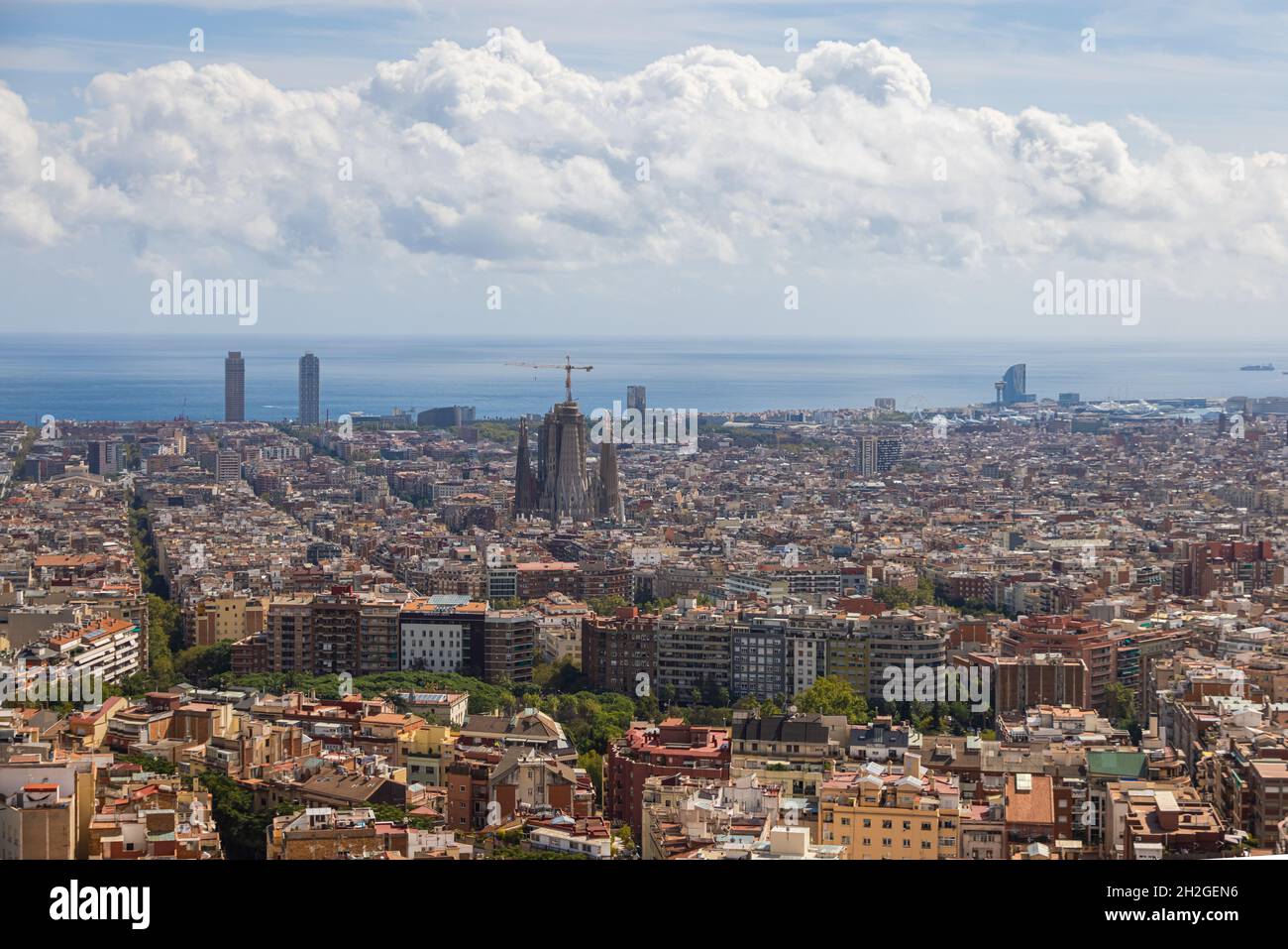 Aerial view over the skyline of Barcelona. Panoramic wide angle view ...