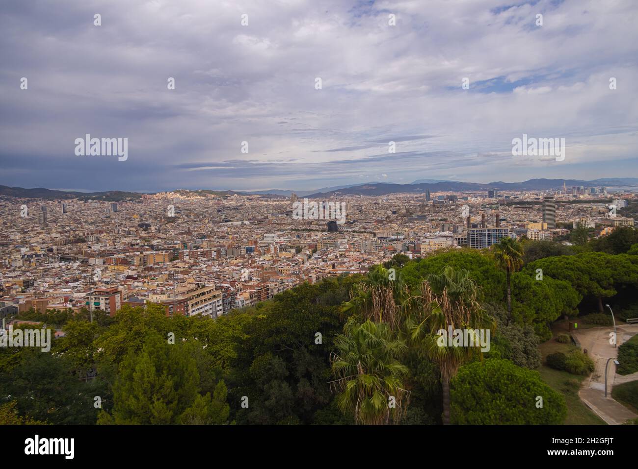 Aerial view of the city of Barcelona, Spain. Cloudscape cityscape from ...