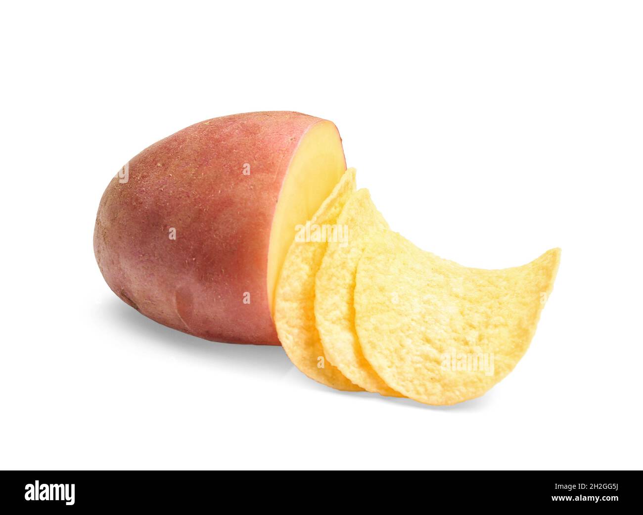 Raw potato and tasty chips on white background Stock Photo - Alamy