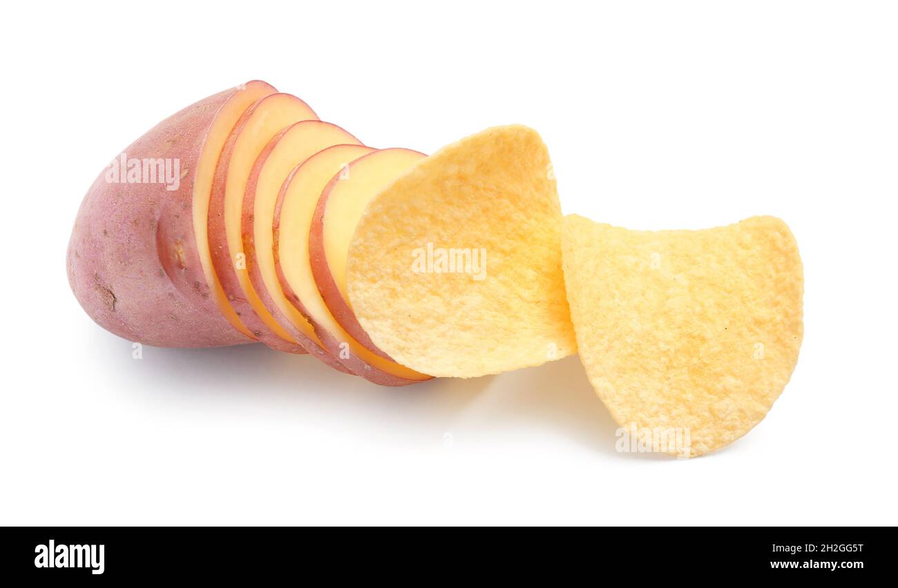 Raw potato and tasty chips on white background Stock Photo - Alamy