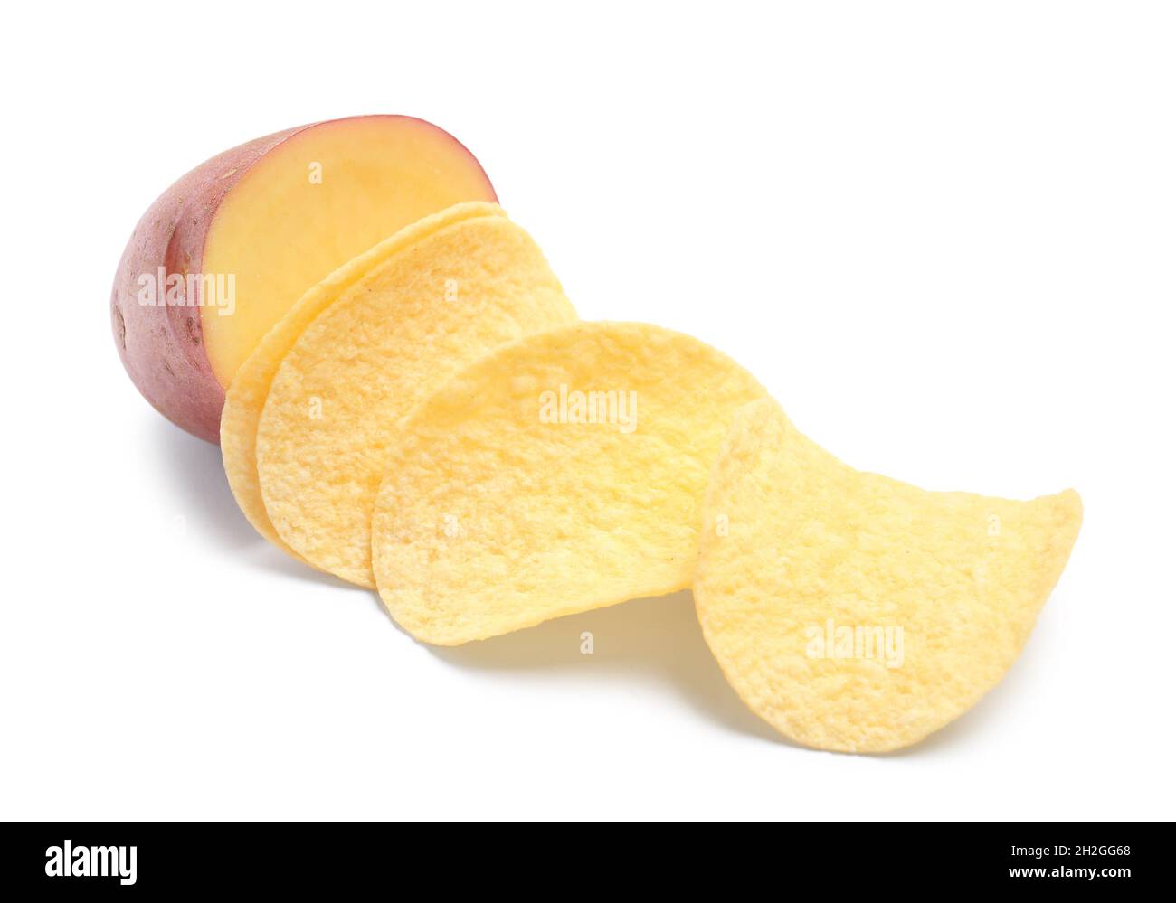 Raw potato and tasty chips on white background Stock Photo - Alamy