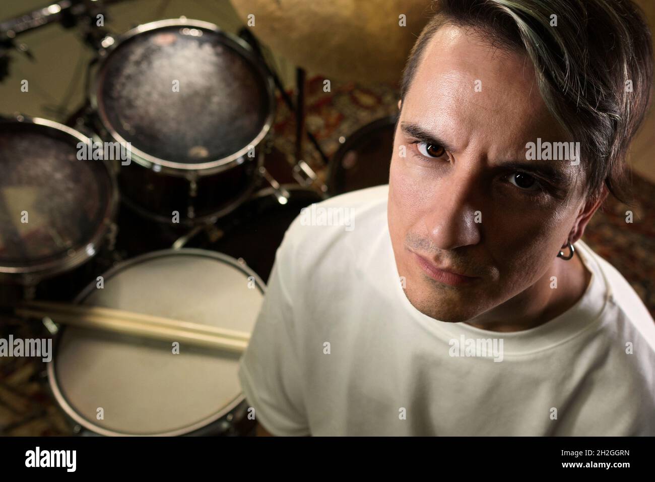 Close Up Portrait Male Drummer. Drumsticks on Drum Set Top View. Music ...