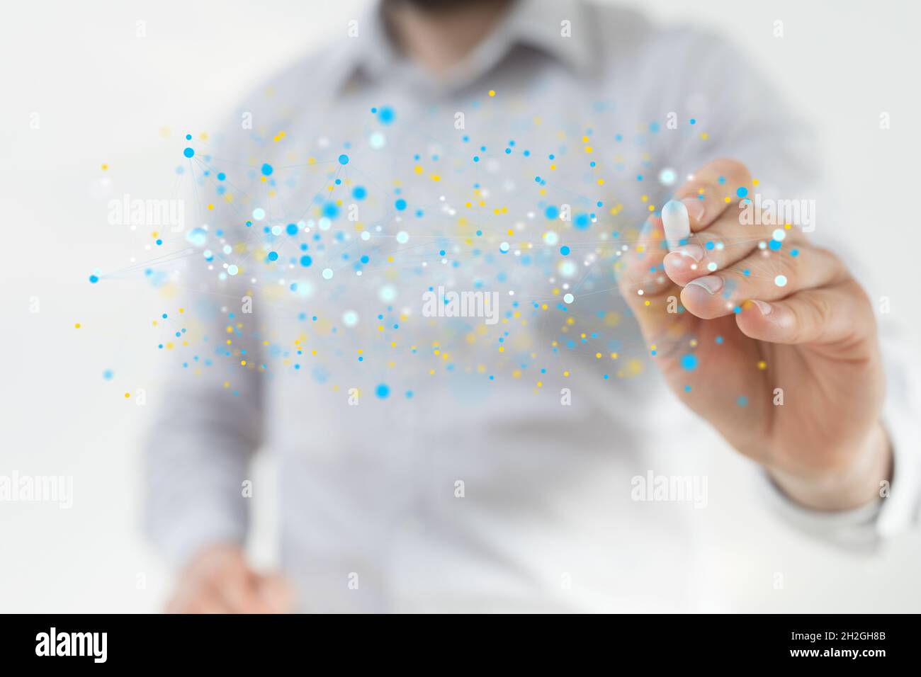 3D rendering of hand tapping on digital data network symbol ...