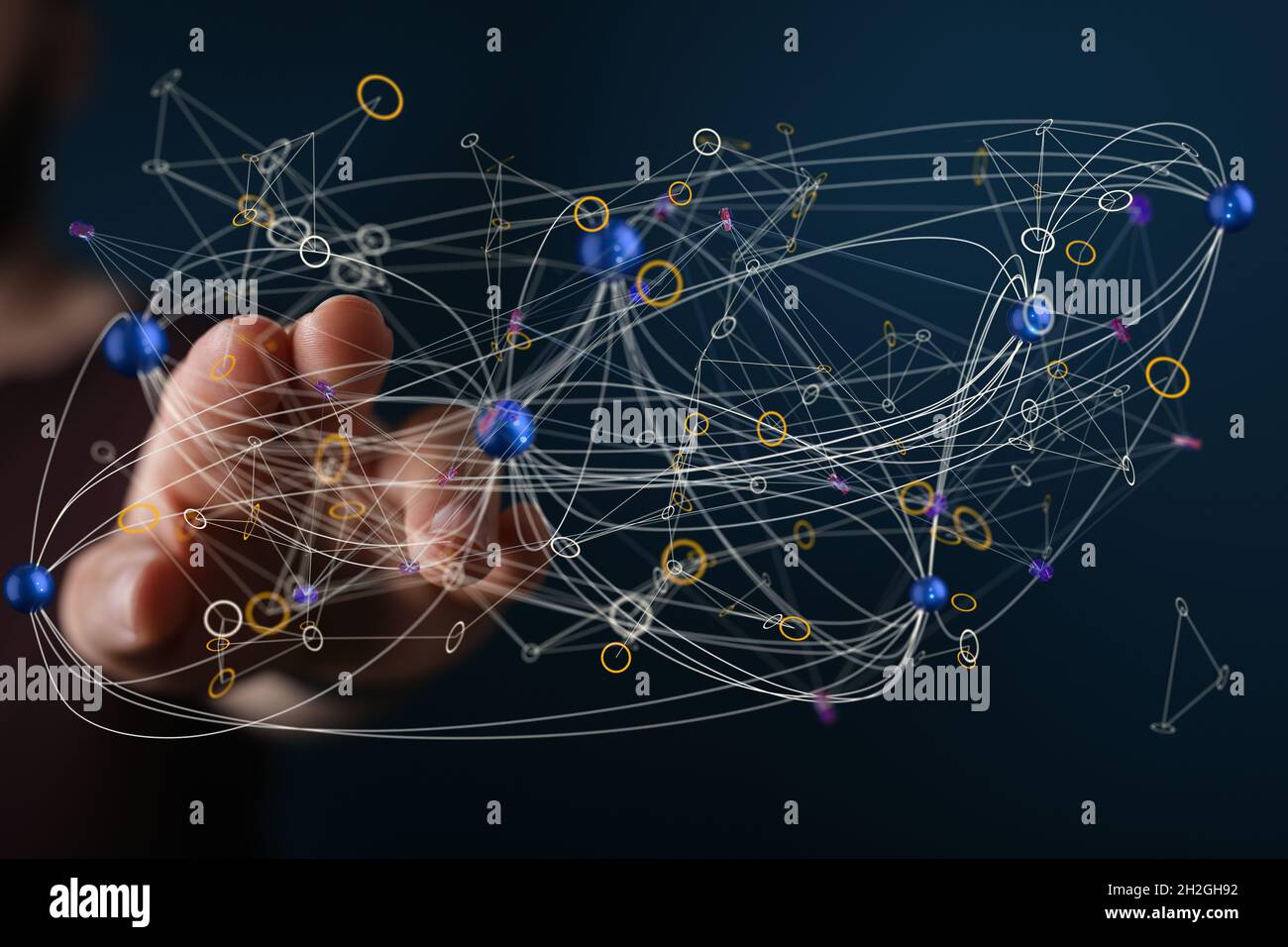 3D rendering of hand tapping on digital data network symbol ...