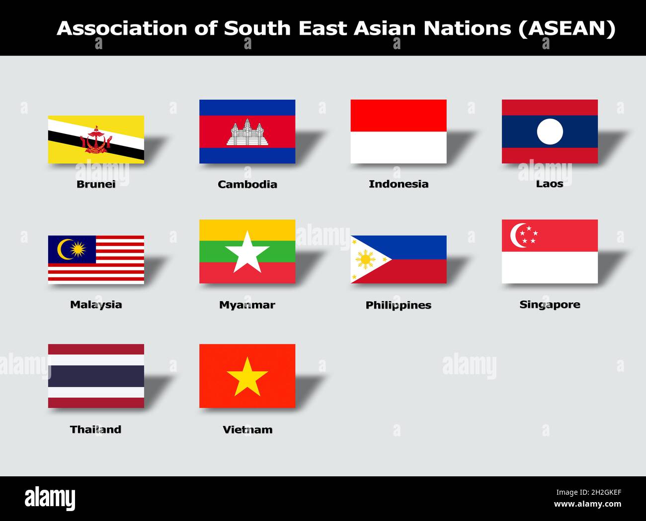 3D illustration with national flags of the Association of Southeast ...