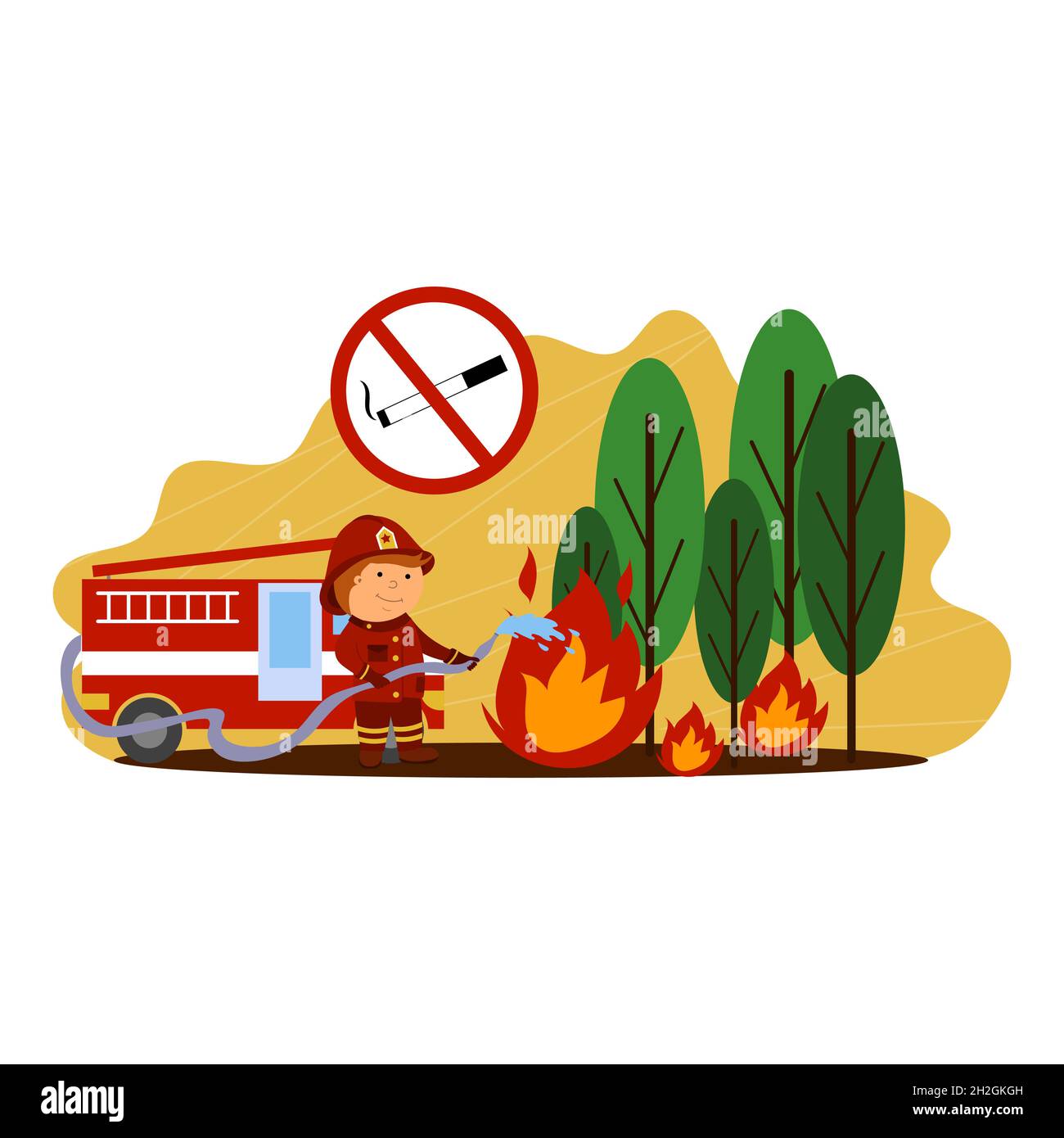 illustration of a firefighter extinguishing a forest fire, vector ...