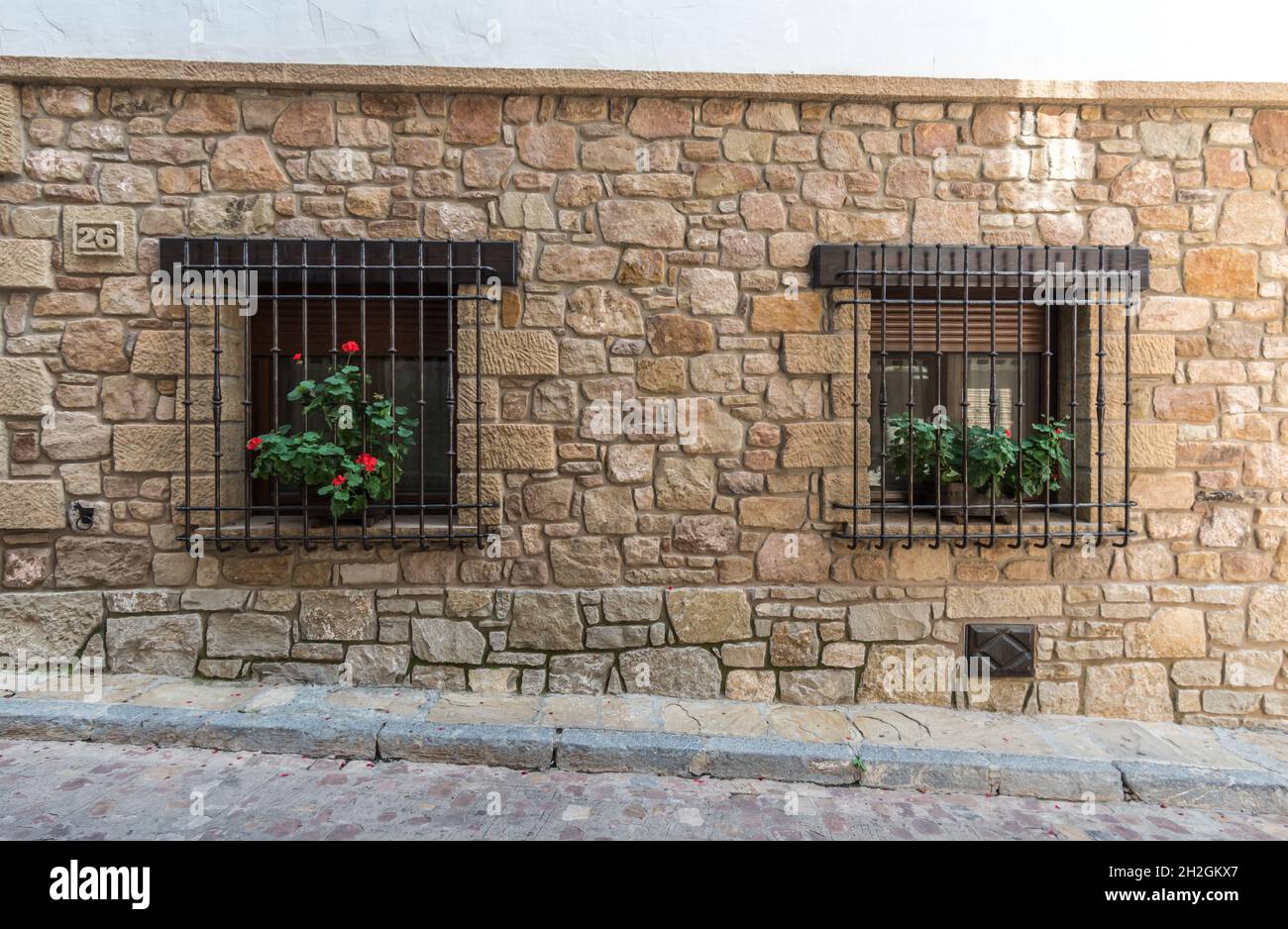two vintage windows of a Village, window with the red flowers, facade ...