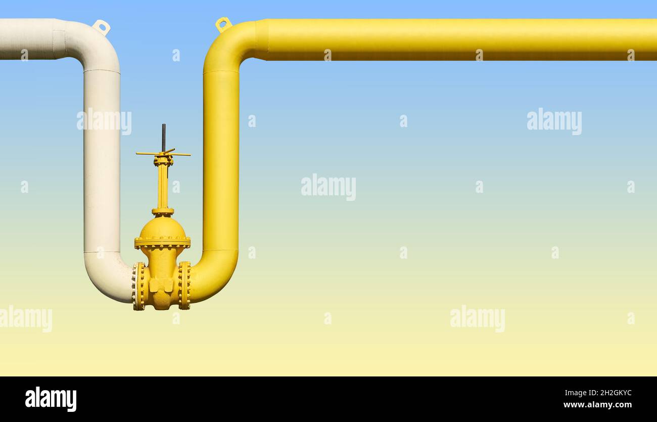 Large water shutoff valve with flanges and lever on pipeline system ...