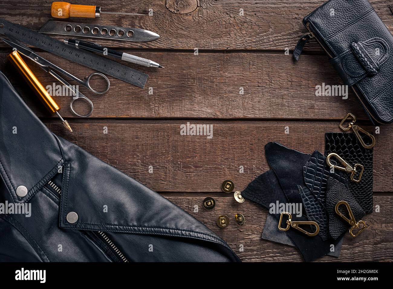Leather craft or leather working. Leather working tools and cut out ...