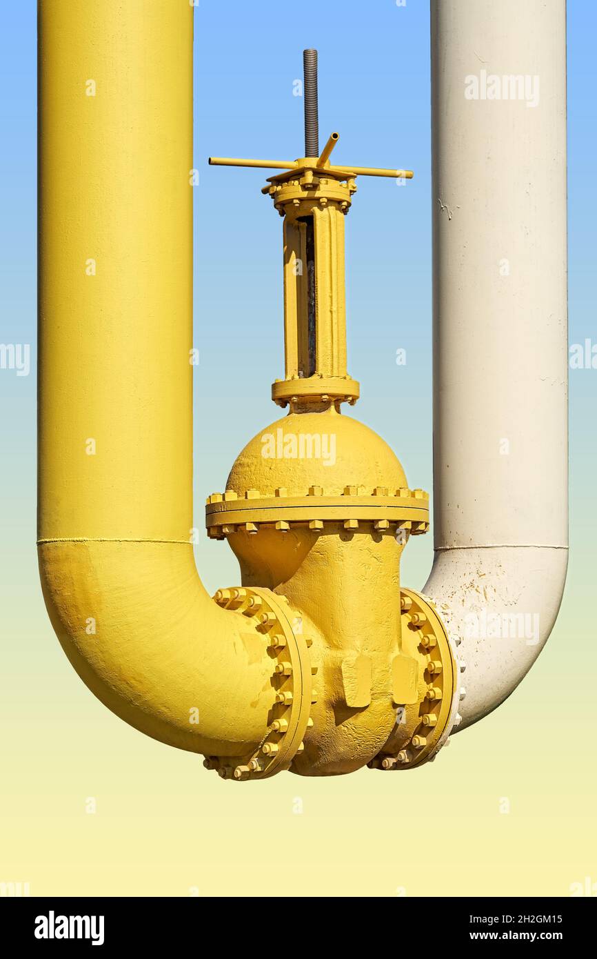 Large water shutoff valve with flanges and lever on pipeline system ...