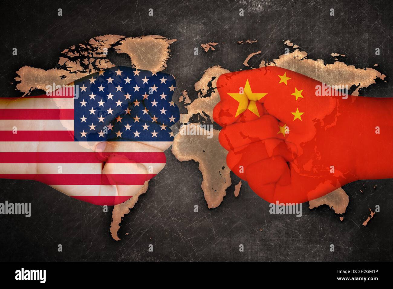 Flags of USA and China on fist hand on a map world background/us china ...