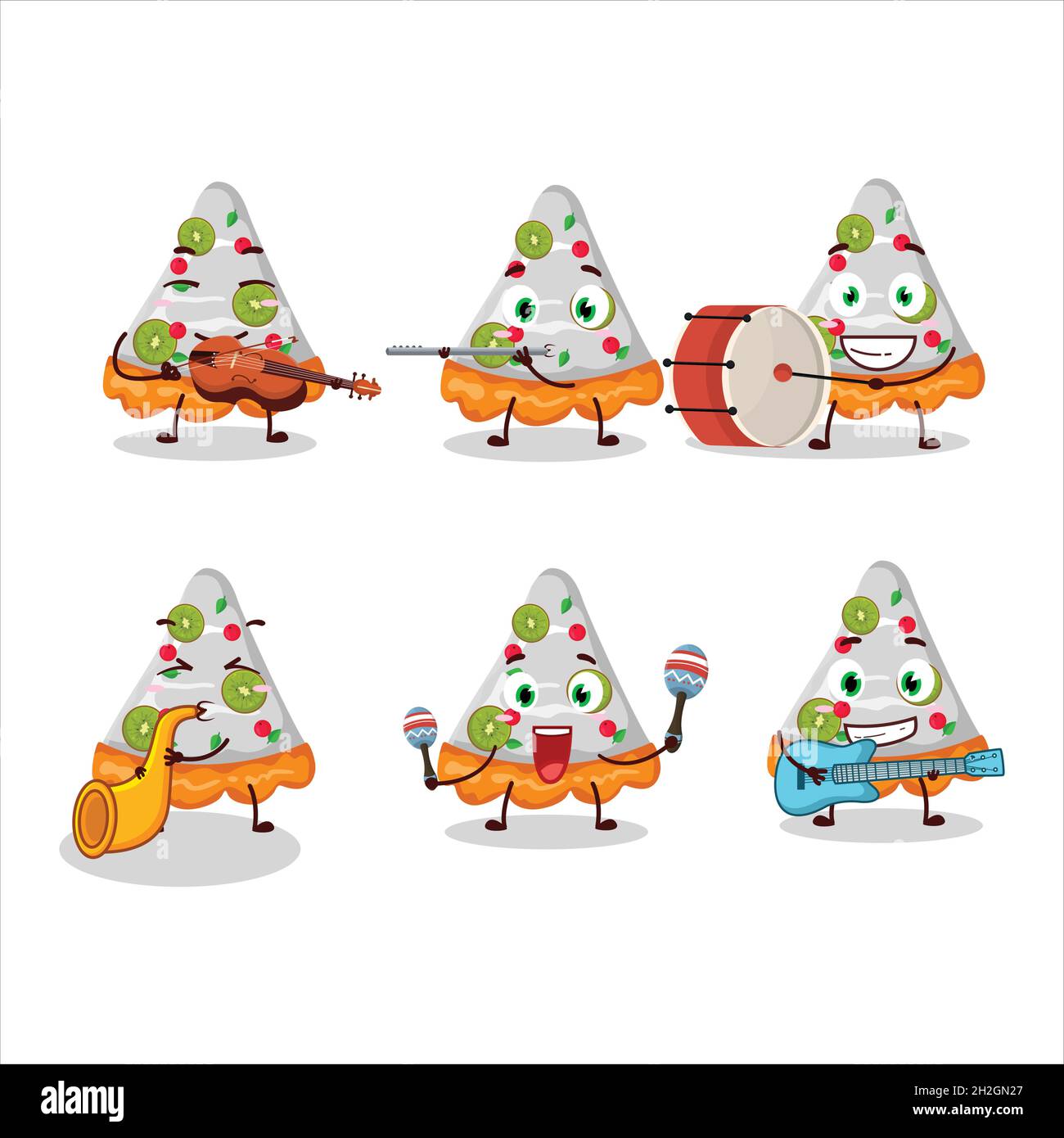 Cartoon character of slice of fruit tart playing some musical ...
