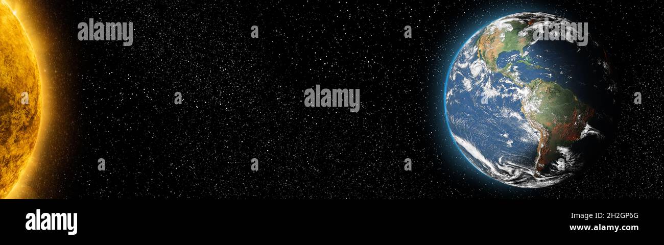Sun star and planet earth in space front view. Cosmic background.Solar ...