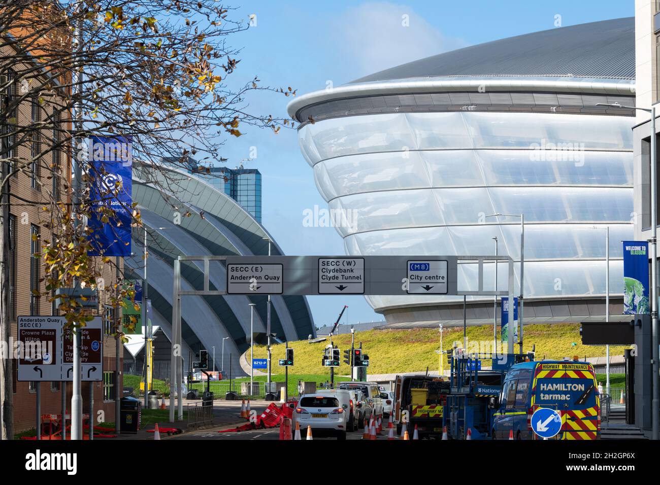 Scottish Event Campus (SEC) in sunshine during preparations for COP26 ...